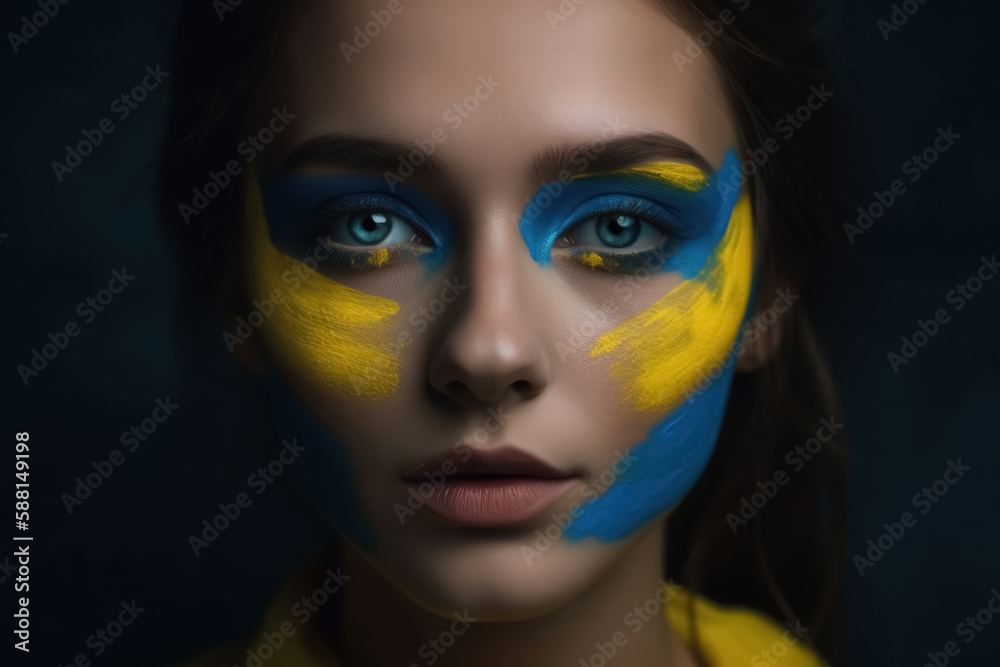 Close up of a female face with ukrainian colors created with generative ...