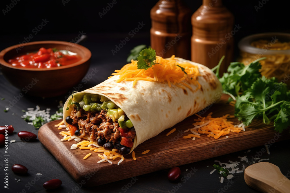 Original Mexican Burritos wraps with beef and vegetables on rustic ...