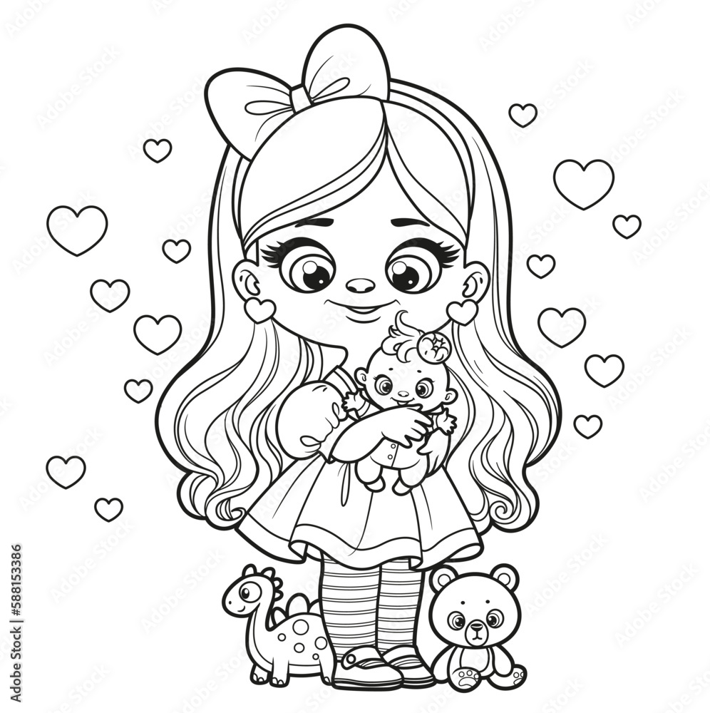 Cute cartoon girl with baby doll and toys outlined for coloring page on ...