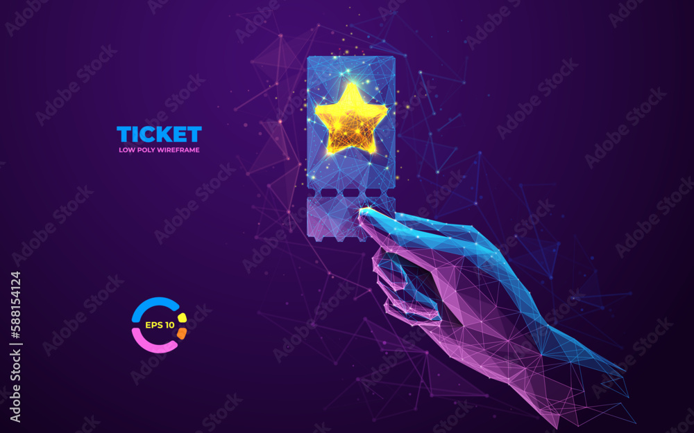 Digital Ticket in hand. Abstract Voucher with golden star. Technology ...