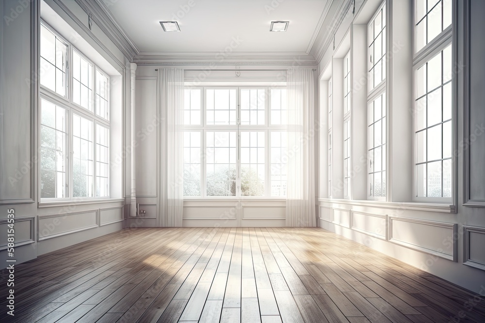 Illustration of an empty wooden-floored room with natural light coming ...