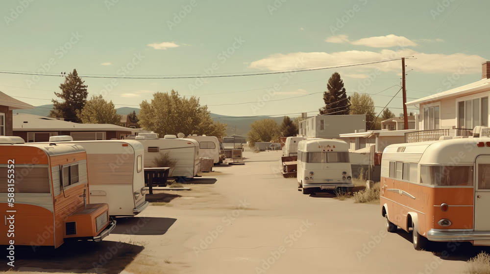 A 1950s Southwestern Trailer Park Scene In Early Evening Created Using Generative Ai Systems