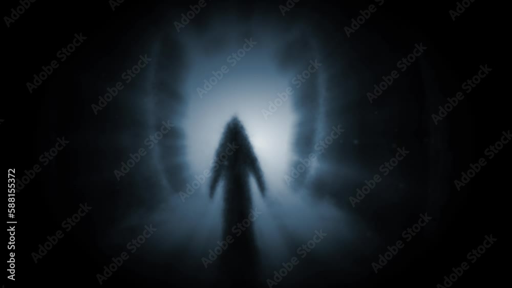 Dark lord stands in long corridor. Scary 2d animation. Light in end ...