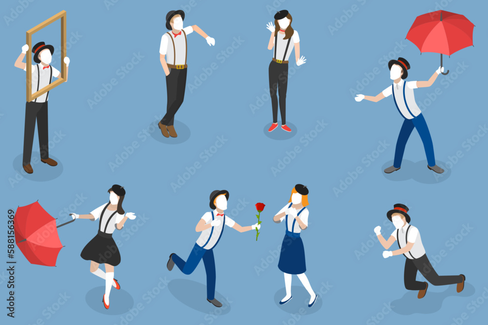 3D Isometric Flat Vector Set of Mime Actors, Showing Pantomime, Silent ...