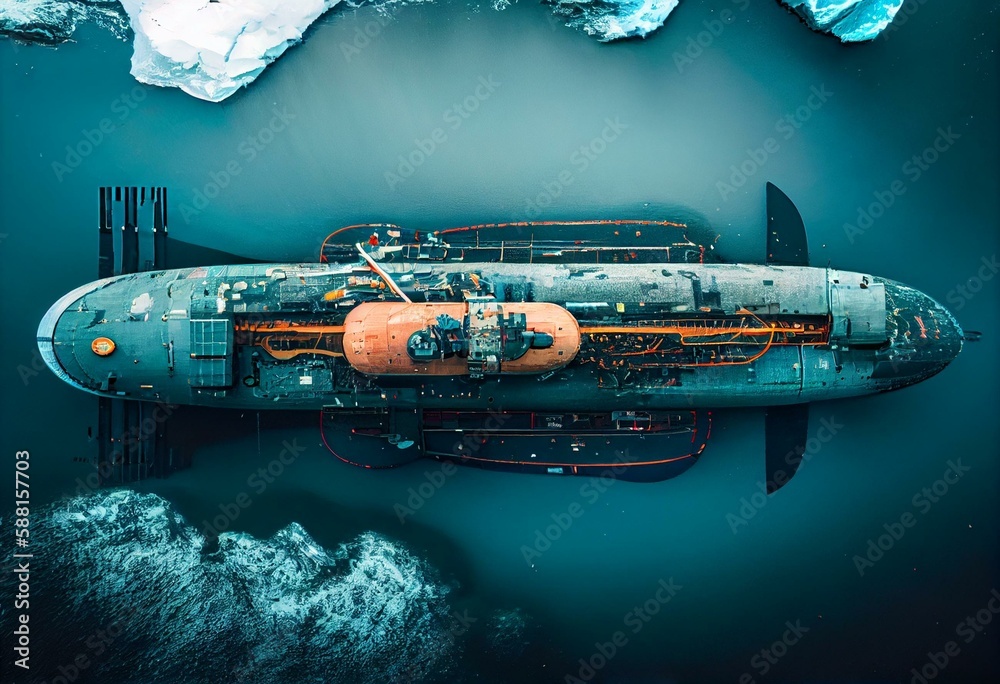Nuclear military Submarine in north waters of Arctic, Aerial top view ...