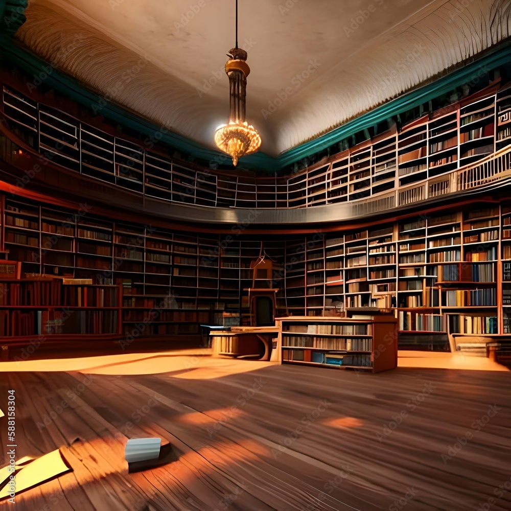 Old library with a lot of bookshelves, cabinet with many books digital illustration - Generative ...