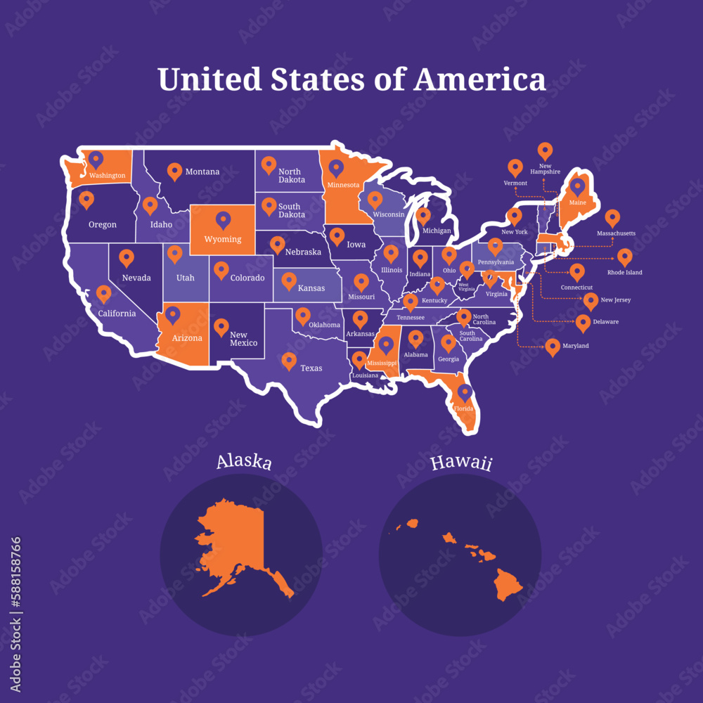 Vector Infographic Map of the United States on a purple background ...