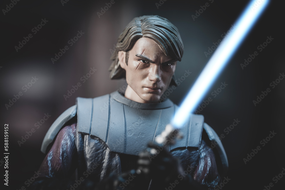 NEW YORK USA, APRIL 11 2023: Clone Wars animated Jedi General Anakin ...
