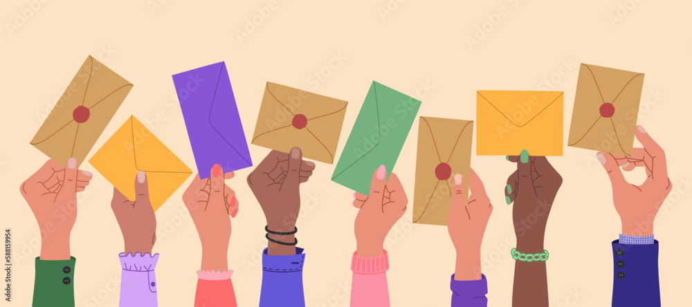 Human hands holding envelopes. Sharing massages, send and receive ...