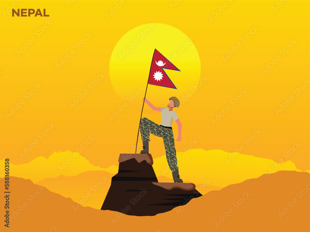 Nepal Mountians Soldier on top of the mountain with the Nepal flag ...