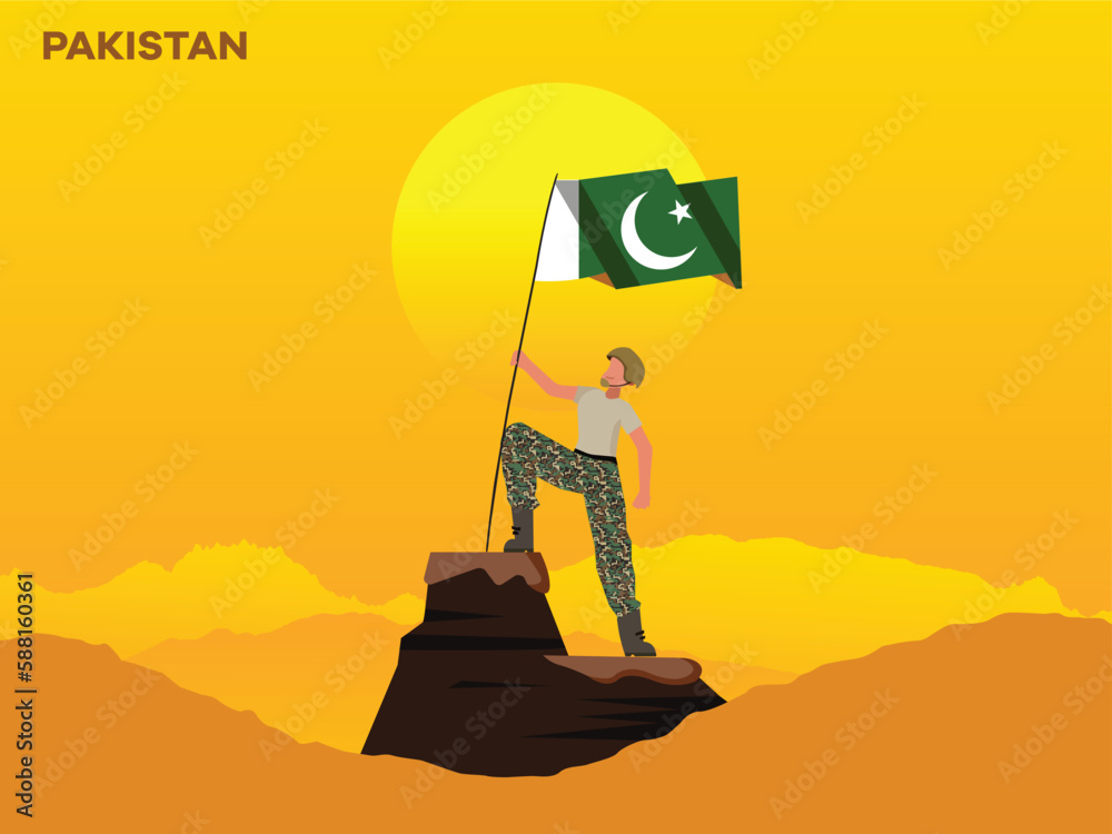 Pakistan Soldier on top of the mountain with the Pakistan flag ...