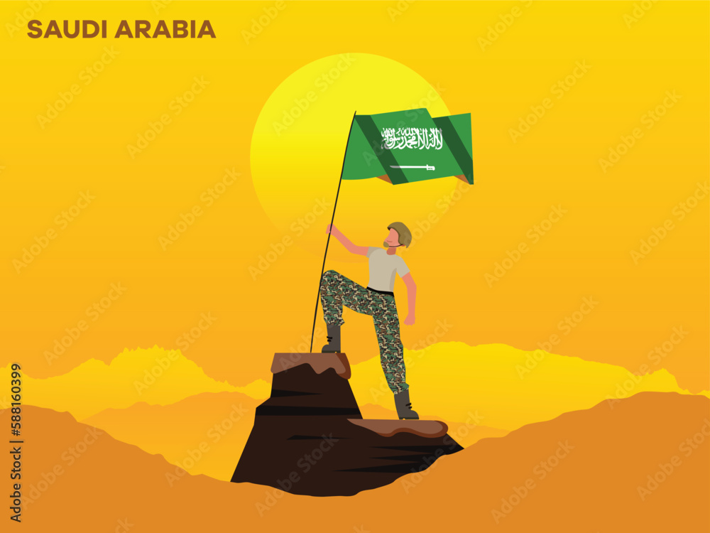 Vetor de Saudi Arabia Soldier on top of the mountain with the Saudi ...