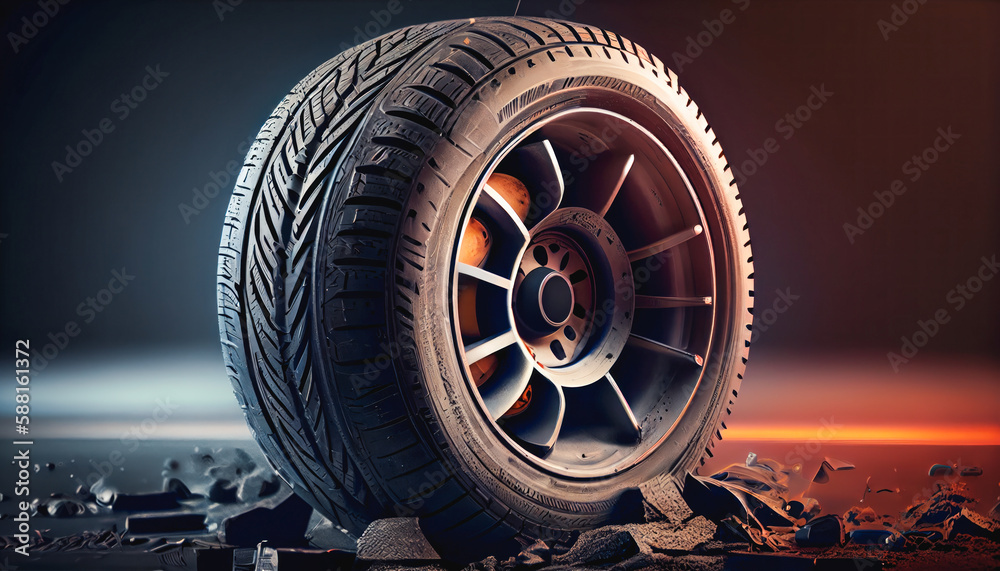 tire at repairing service garage background. Replacing winter and ...