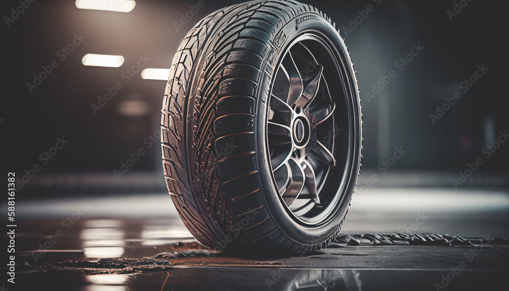 tire at repairing service garage background. Replacing winter and ...