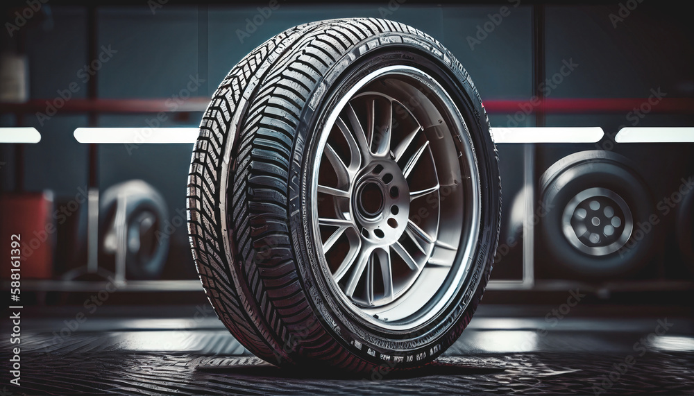 tire at repairing service garage background. Replacing winter and ...