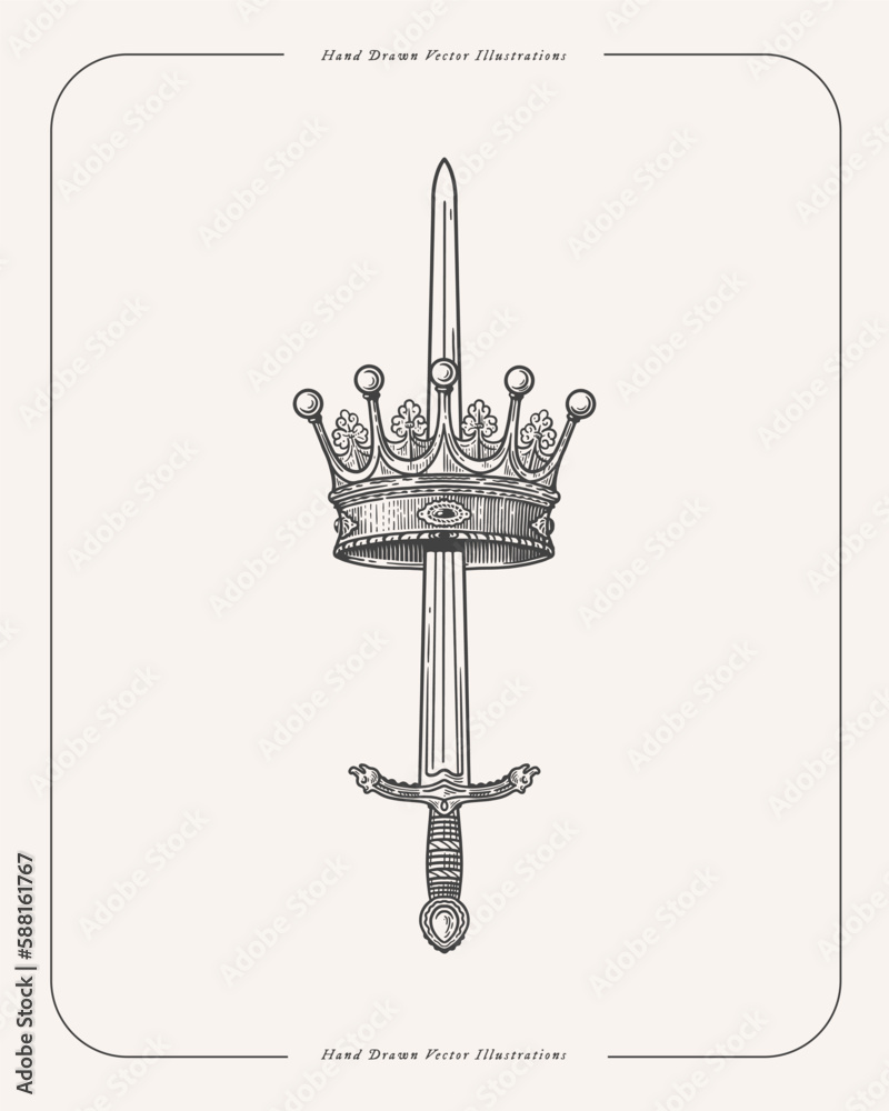 Crown worn on a knight's sword in an engraving style. Ancient symbols ...