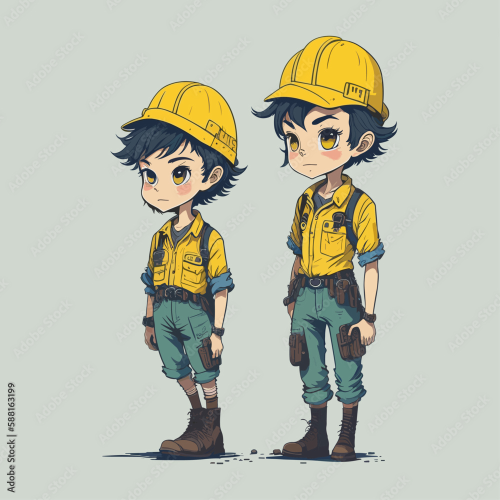 Cute worker character in pastel colors anime cartoon style. Vector ...