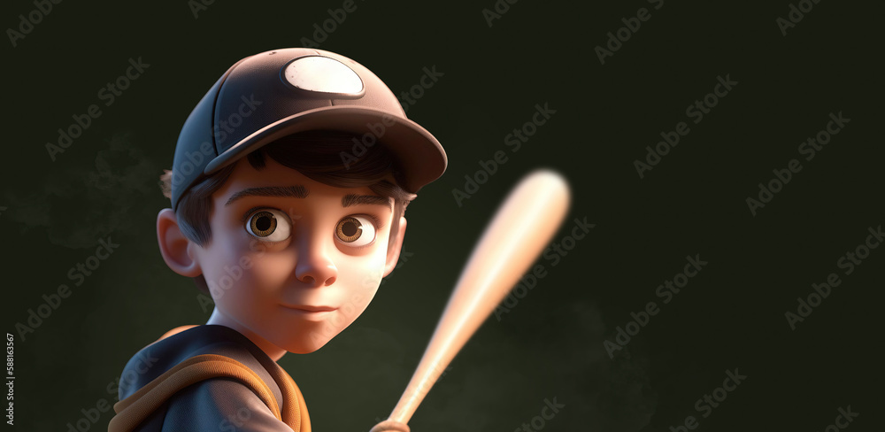 cartoon cute baseball player boy isolated on black background as banner ...