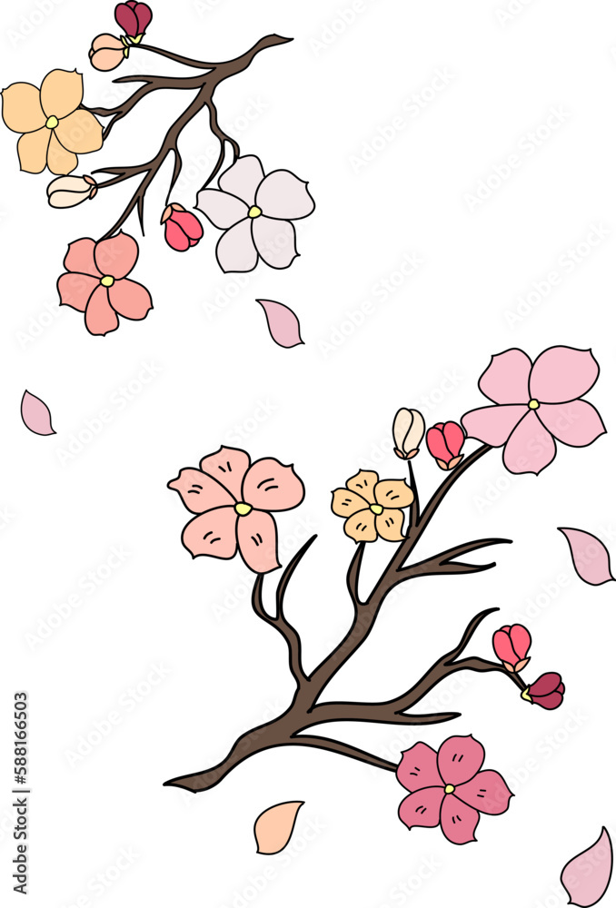 Free hand Sakura flower vector set, Beautiful line art Peach blossom ...