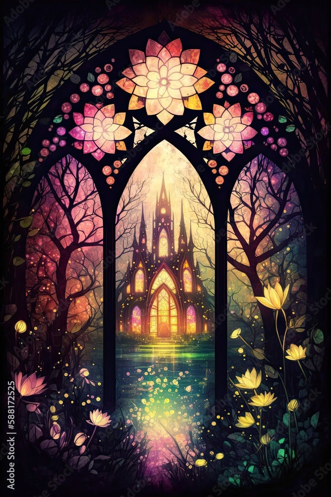 stained glass window looking out onto a fantasy castle, princess castle ...
