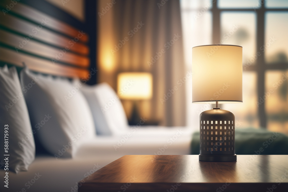 Table-top view of beside table or nightstand on blurred cozy night ...