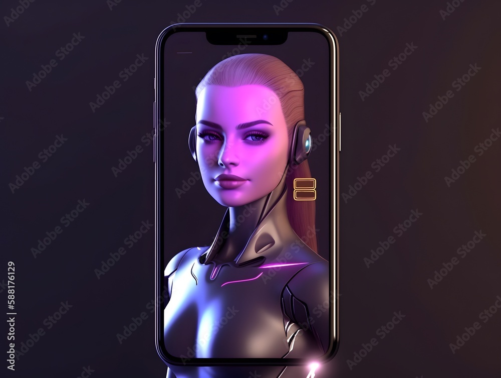 Female robot beside the screen of smartphone. Concept of chatbot with ...
