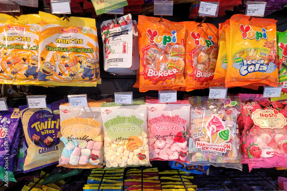 PENANG, MALAYSIA - 2 APR 2023: Various choices of imported sweet candy ...