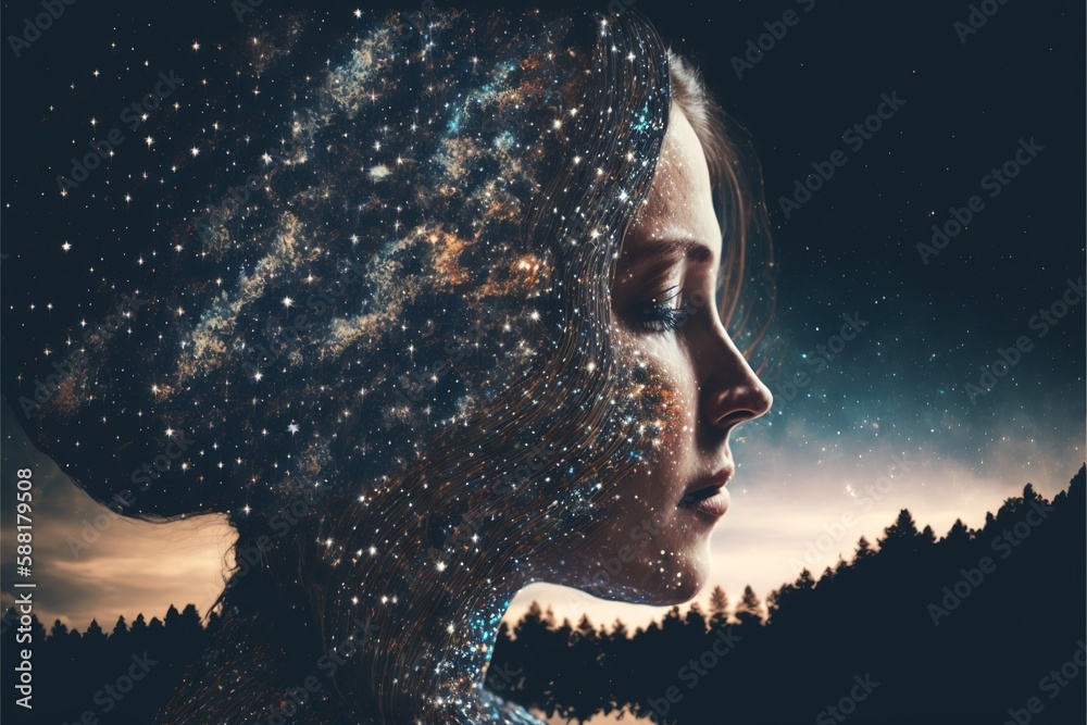 Double exposure image of woman portrait with starry night and nebula ...