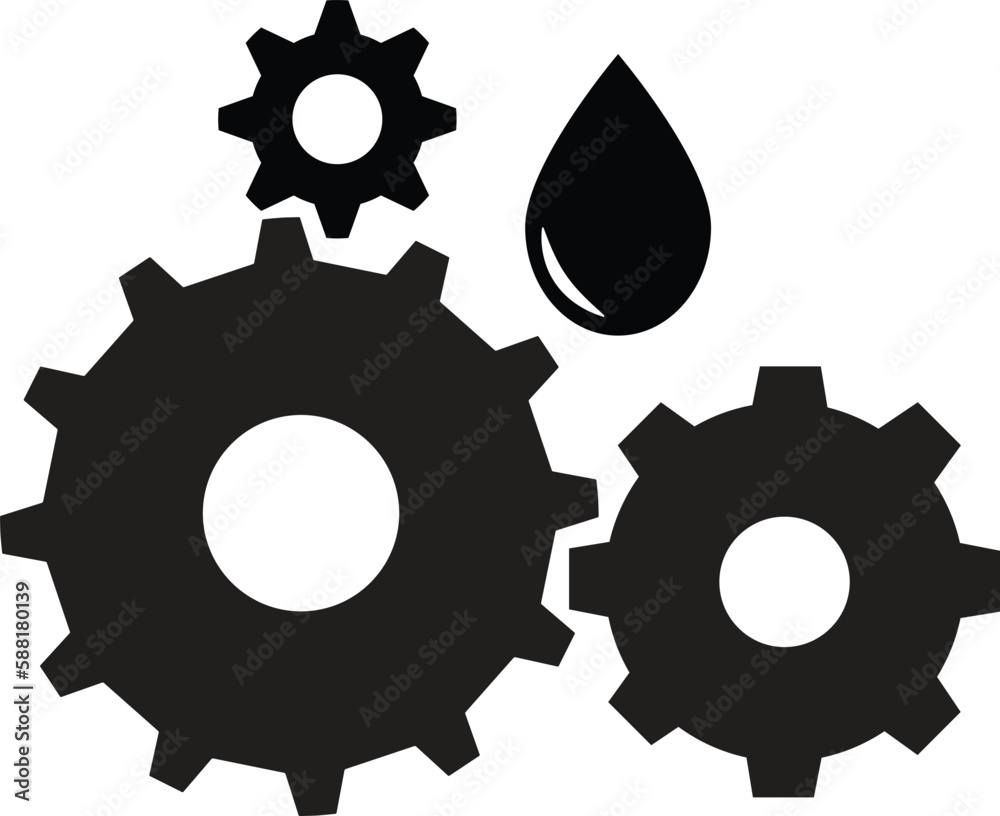 Lubricant oil drop and gear icon on white background. Keep oiled sign ...