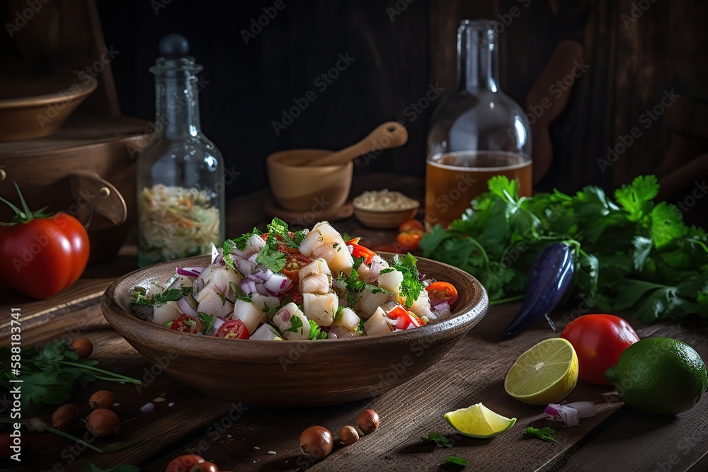 Close up Delicious CEVICHE SEBICHE. Peruvian seafood and fish in a bowl ...