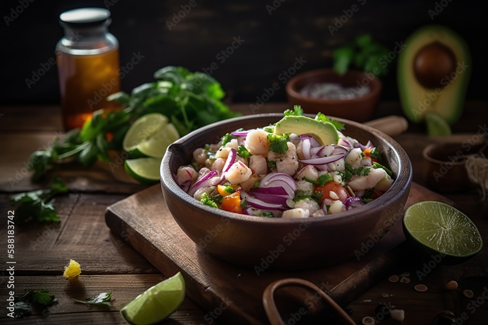 Close up Delicious CEVICHE SEBICHE. Peruvian seafood and fish in a bowl ...