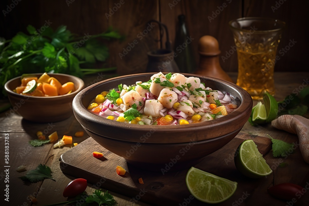 Close up Delicious CEVICHE SEBICHE. Peruvian seafood and fish in a bowl ...