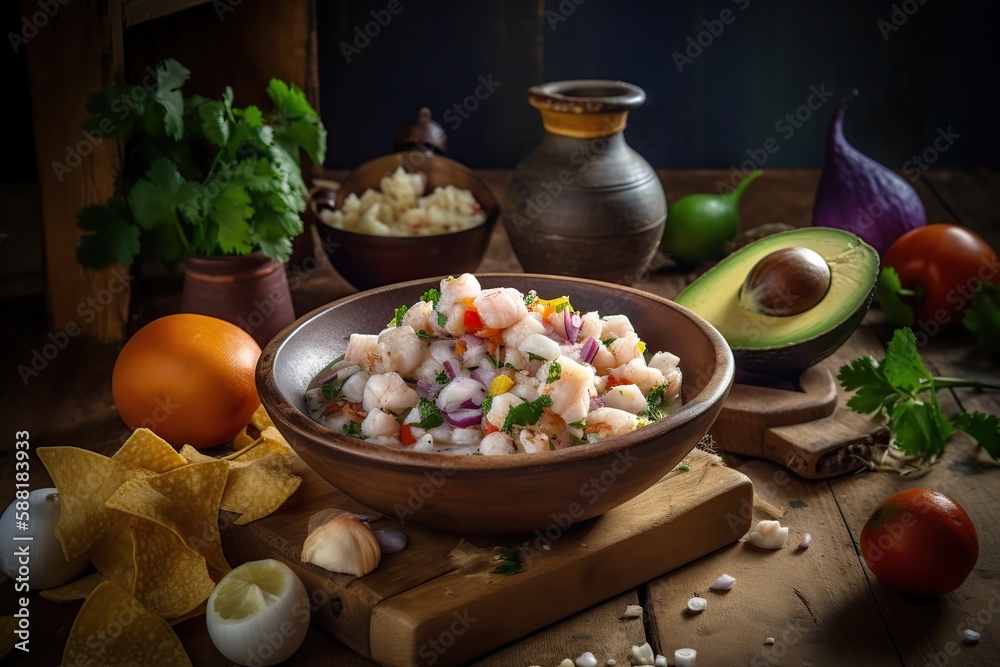 Close up Delicious CEVICHE SEBICHE. Peruvian seafood and fish in a bowl ...