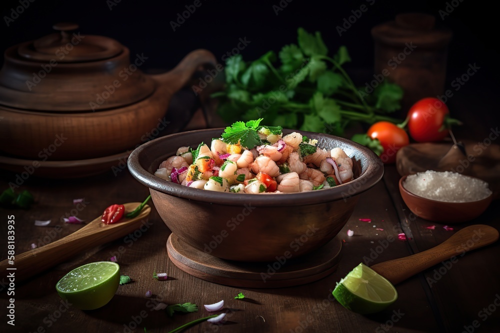 Close up Delicious CEVICHE SEBICHE. Peruvian seafood and fish in a bowl ...