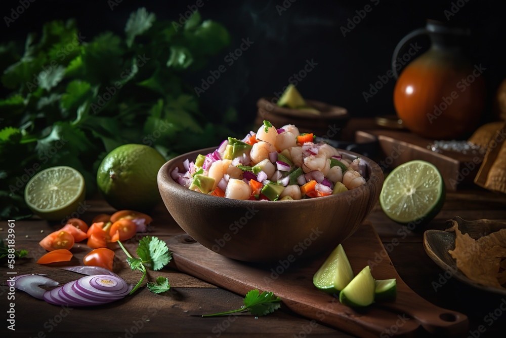Close up Delicious CEVICHE SEBICHE. Peruvian seafood and fish in a bowl ...