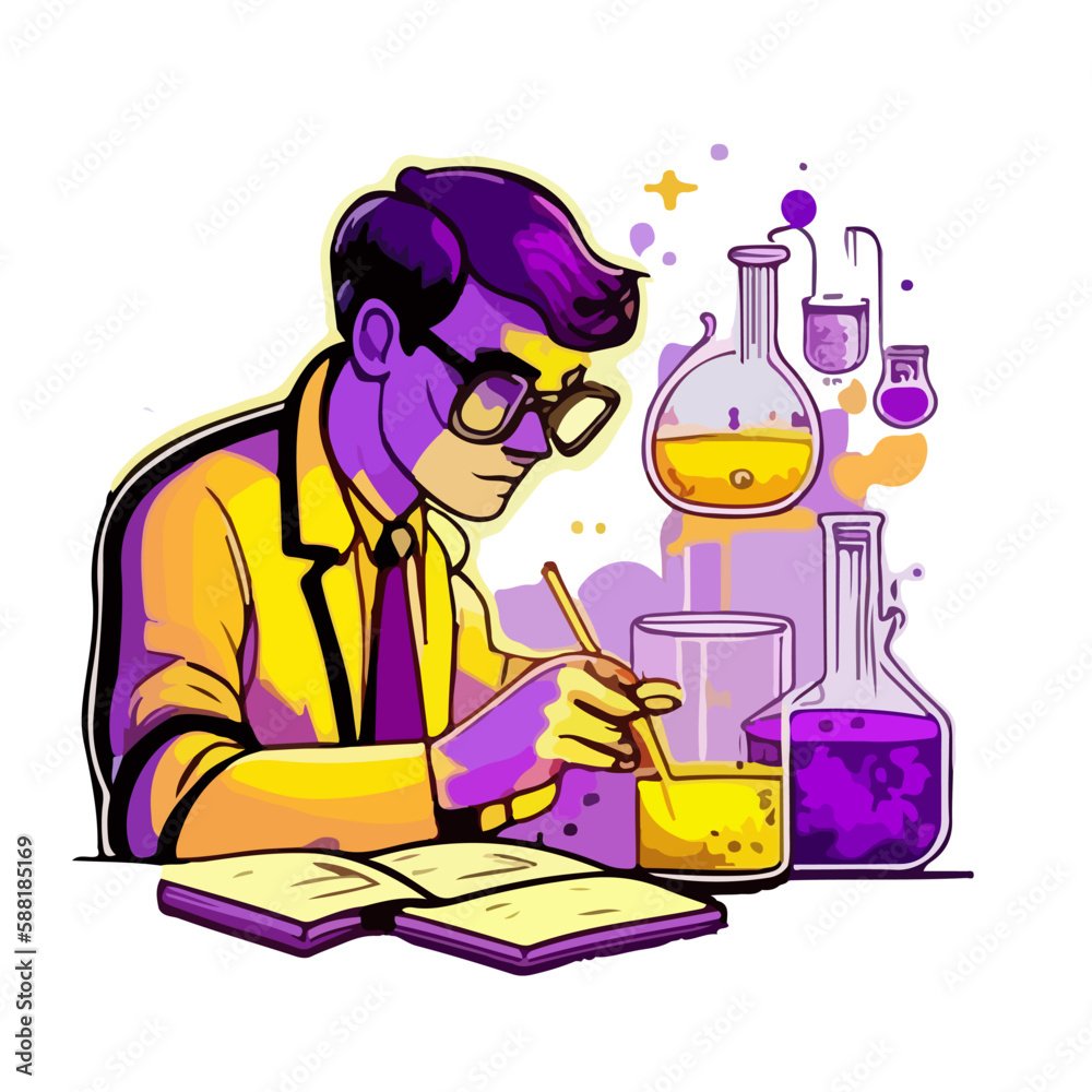 Cartoon drawing of a male chemist sitting at work against the ...