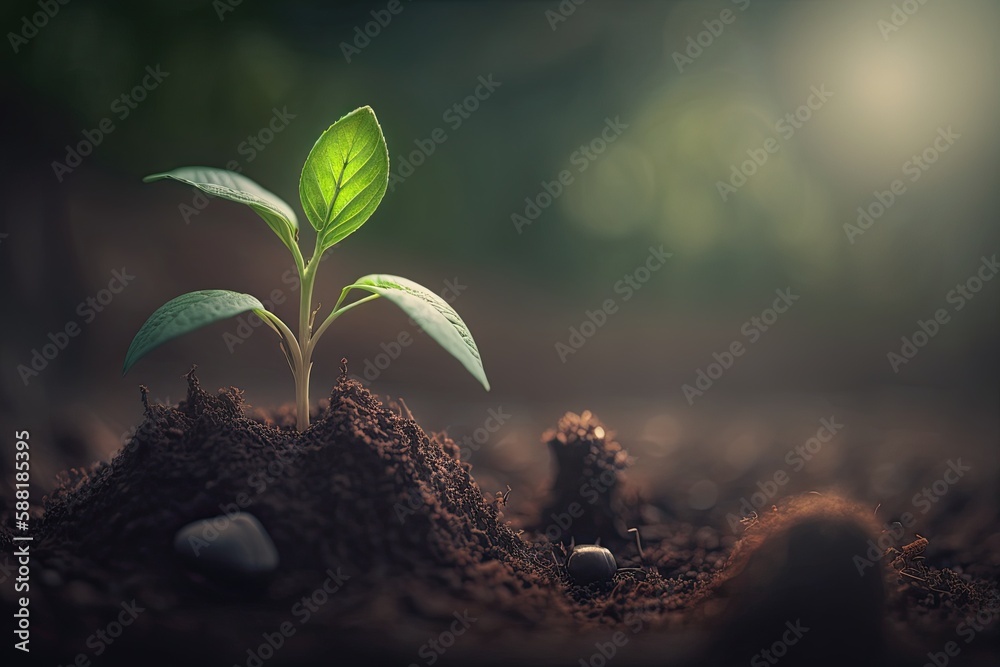 Growing plant with dirt on plain white background growth concept ...