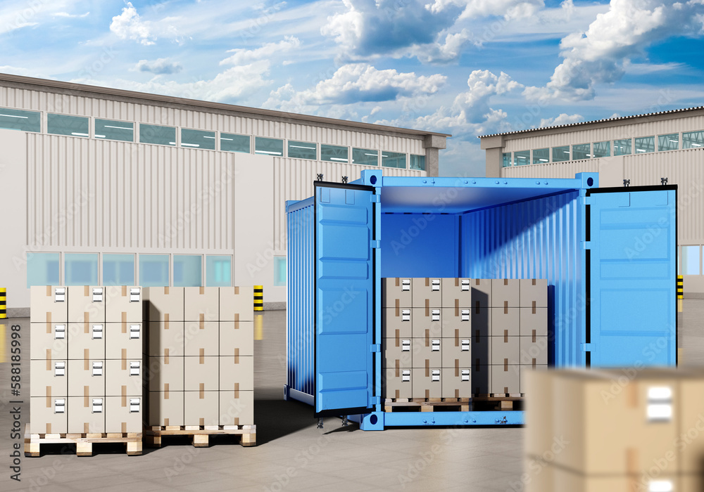 Industrial zone. Cargo sea container. Cardboard boxes on pallets ...