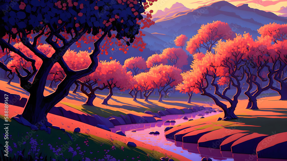 artistic 2d painting of autumn landscape with orange trees near small ...