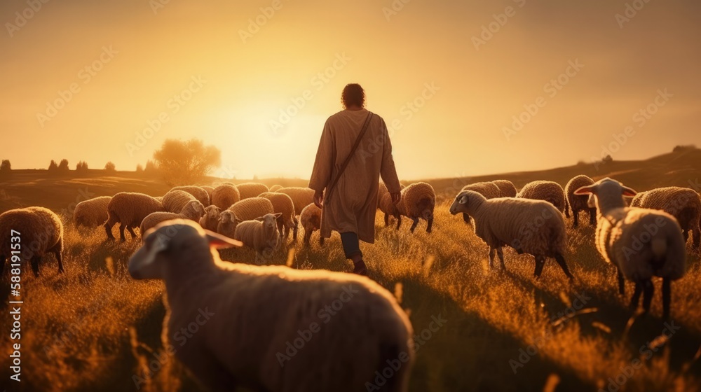 Jesus the good shepherd, guiding his sheep, christian concept ...