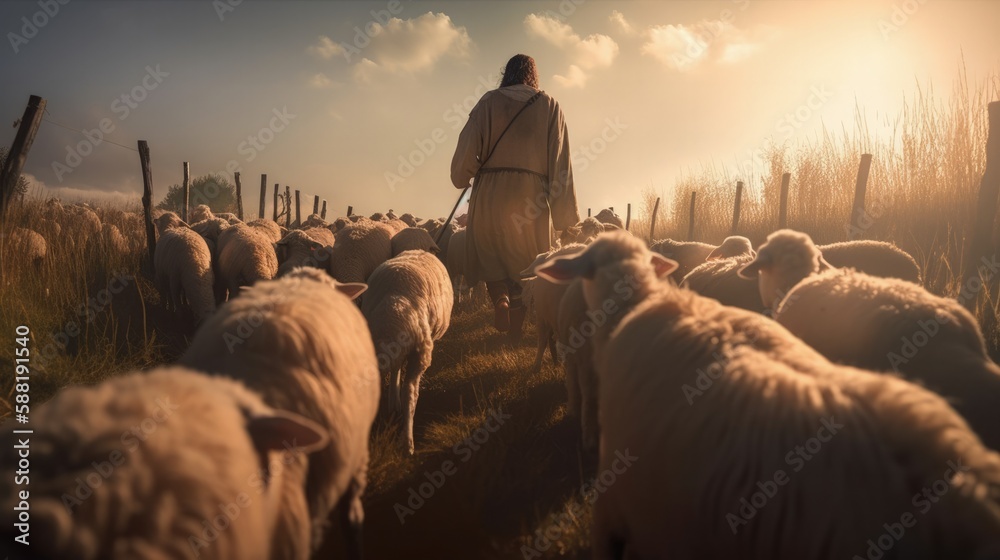Jesus the good shepherd, guiding his sheep, christian concept ...