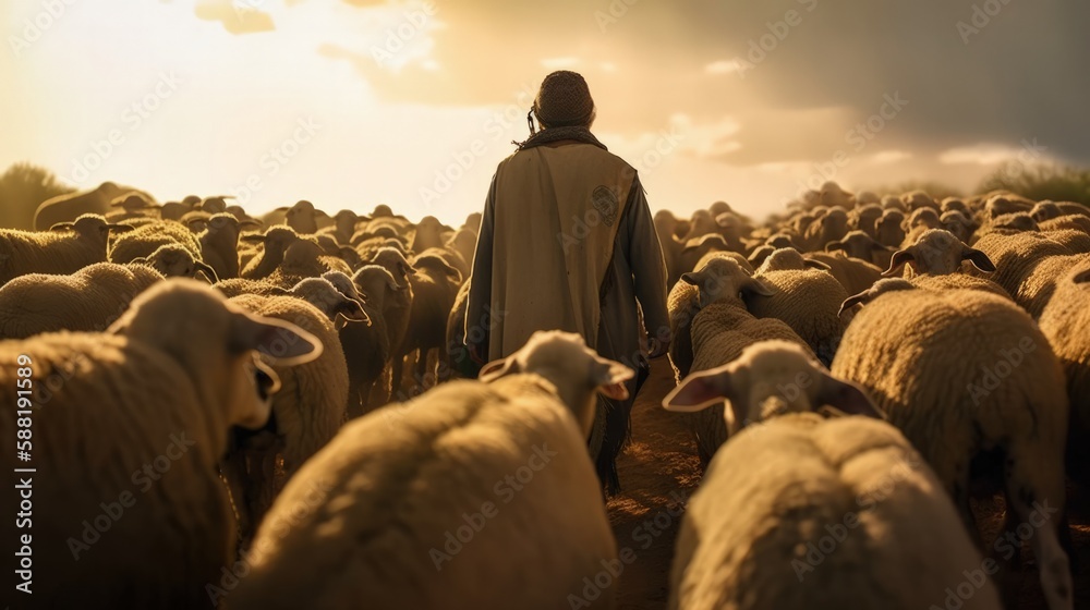 Jesus the good shepherd, guiding his sheep, christian concept ...