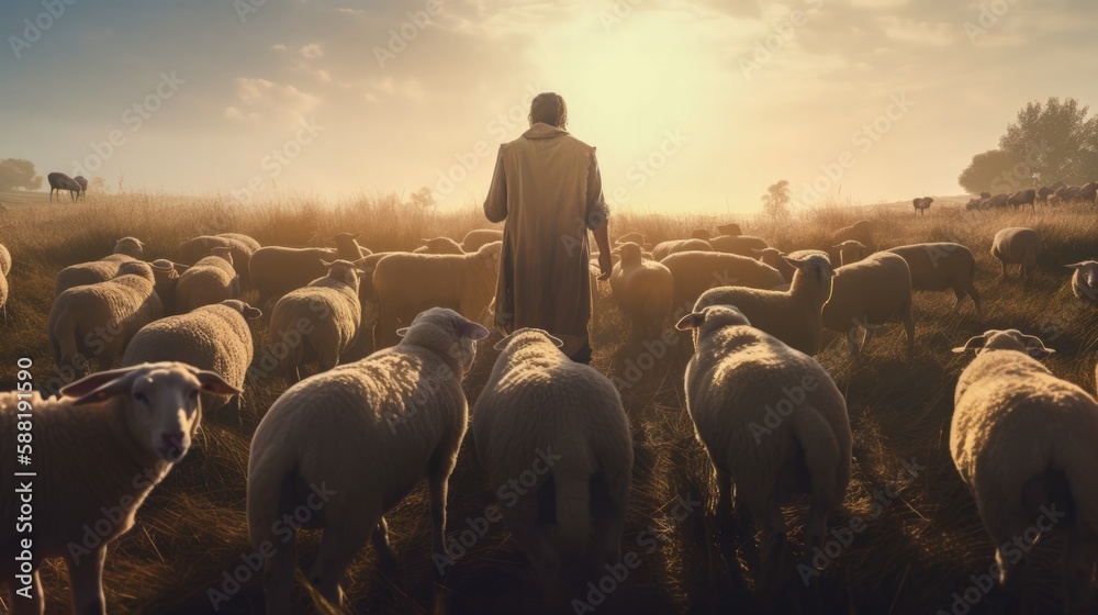 Jesus the good shepherd, guiding his sheep, christian concept ...