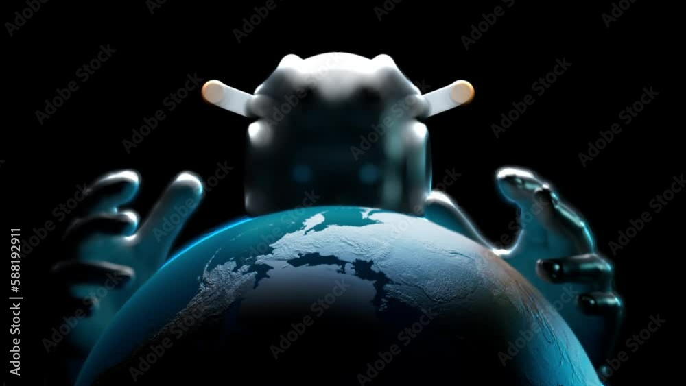 The robot looks at the stylized model of Planet Earth, looking at the ...