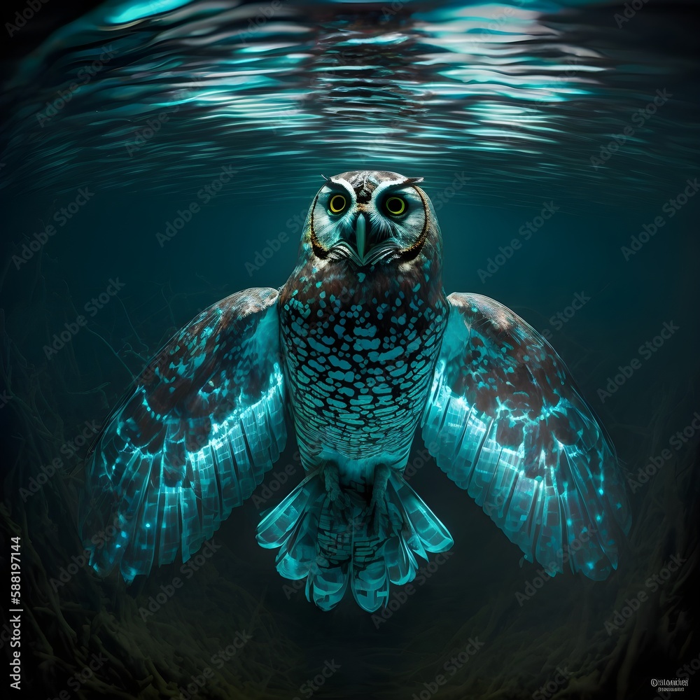 bioluminescent hybrid Owl human underwater Helmut newton style detailed ...