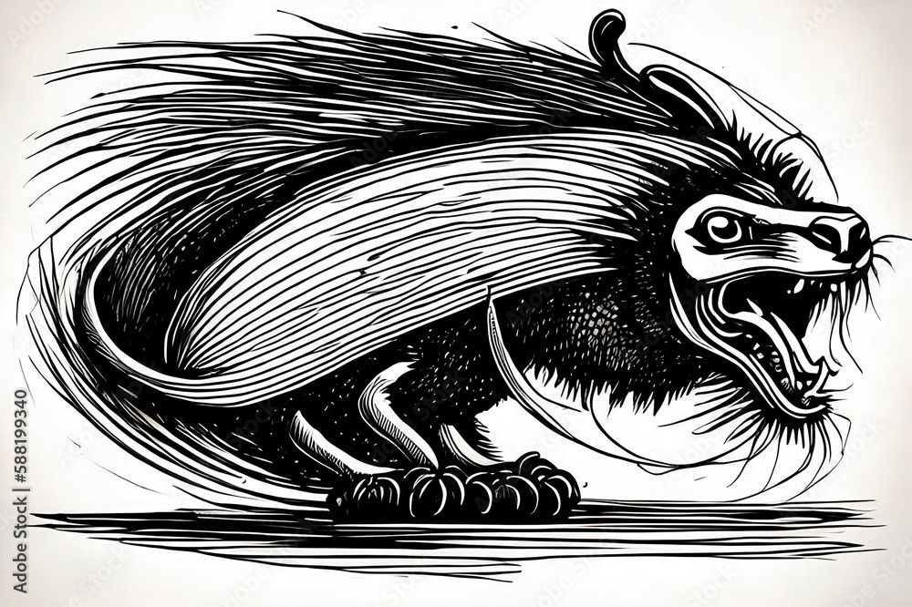 Fictional animals or monsters, line art, sketch illustration ...