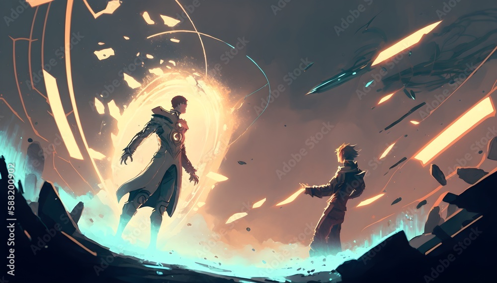 sci-fi scene showing fight of two futuristic men with magics, digital ...