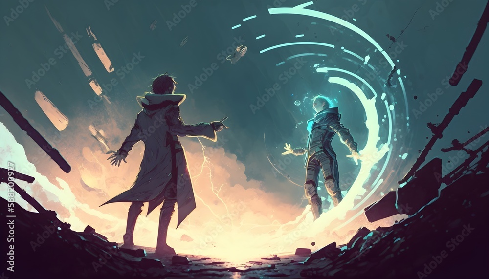 sci-fi scene showing fight of two futuristic men with magics, digital ...