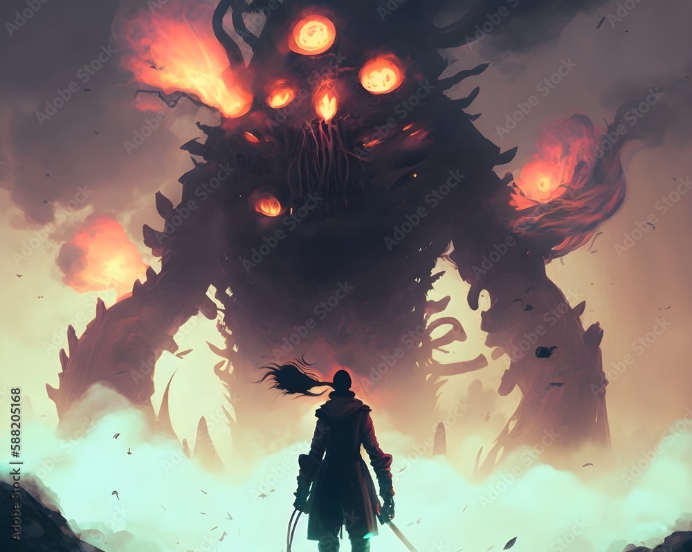 man holding twin swords standing with giant smoke monster, digital art ...