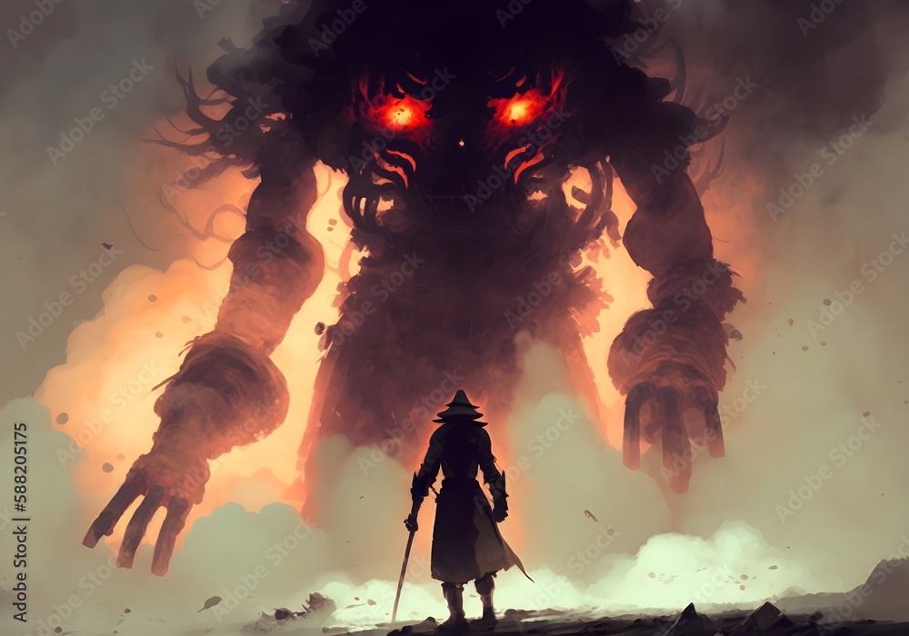 man holding twin swords standing with giant smoke monster, digital art ...